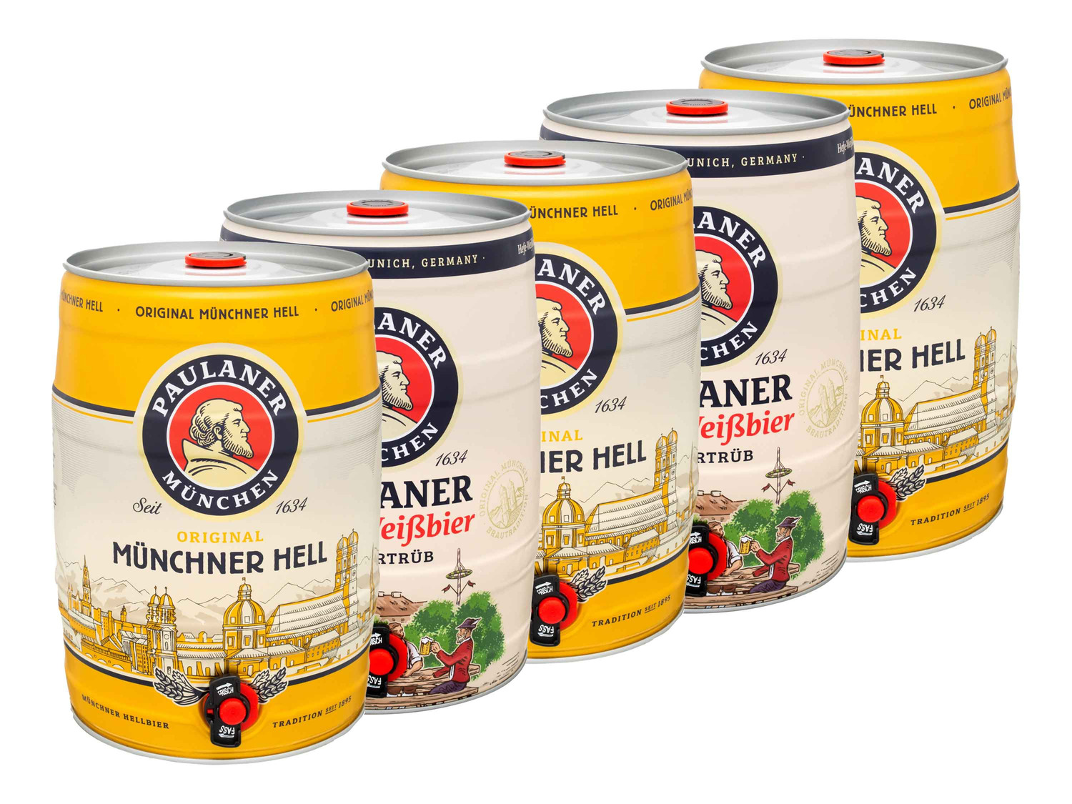 Paulaner 5 x 5,0-l-Bierfässer Paulaner Mix (3 x Münchner Hell & 2 x ...